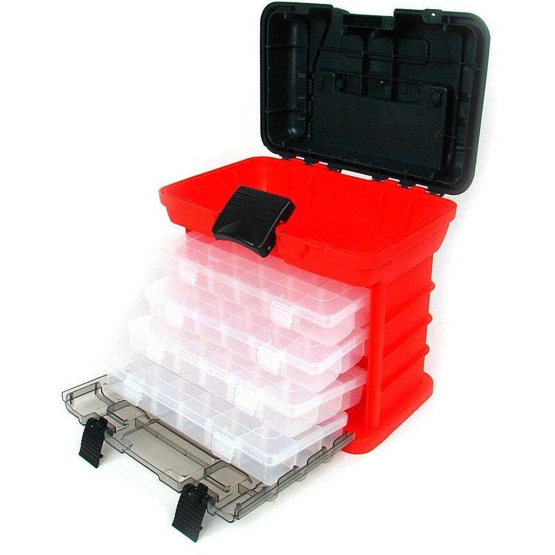 Large Durable Plastic Tool Box W/ 73 Compartments & Four Storage Trays ...