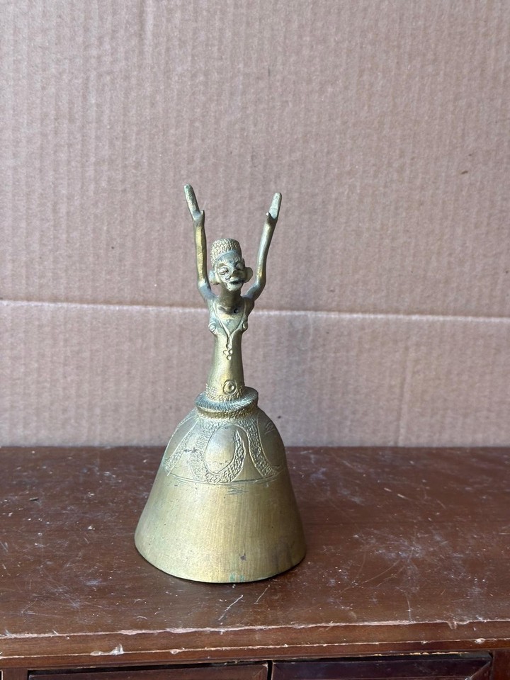 Vintage Fon (Dahomey) Cast Brass Ritual Bell with Figural Dancer Handle ...