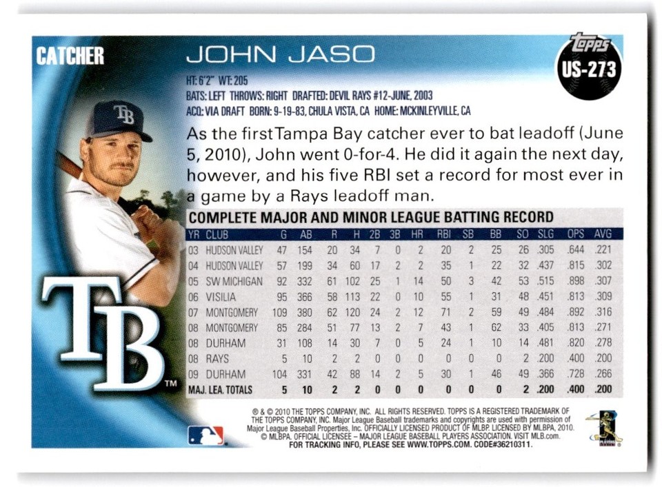2010 Topps Update John Jaso Tampa Bay Rays #US-273 | eBay