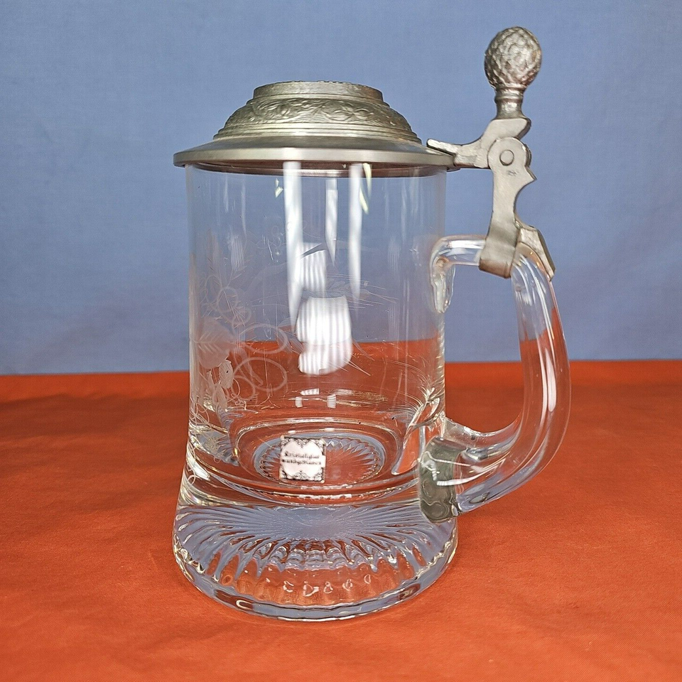 Vintage Beer Stein Etched Crystal Tankard w/Pewter Lid Kristallglas ...