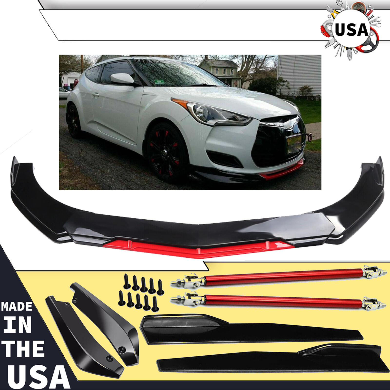 For Hyundai Veloster Front Bumper Lip Splitter Spoiler Body Kit Side ...