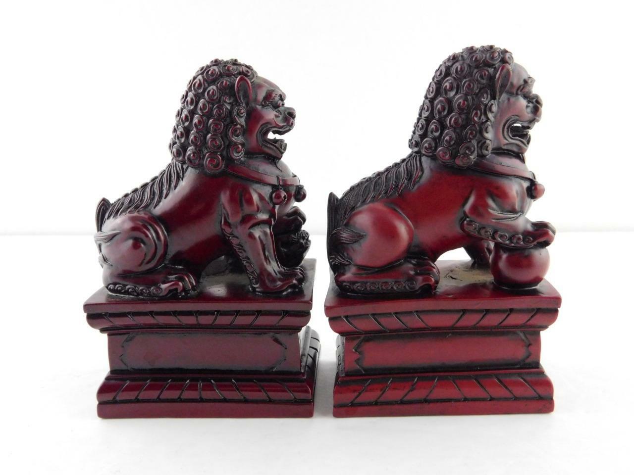 Pair of Red Resin Chinese Foo Dogs on Pedestals Shishi Lions China Made ...