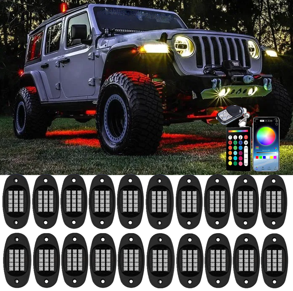For JEEP Wrangler 20 Pods RGB LED Rock Lights Neon Music bluetooth ...