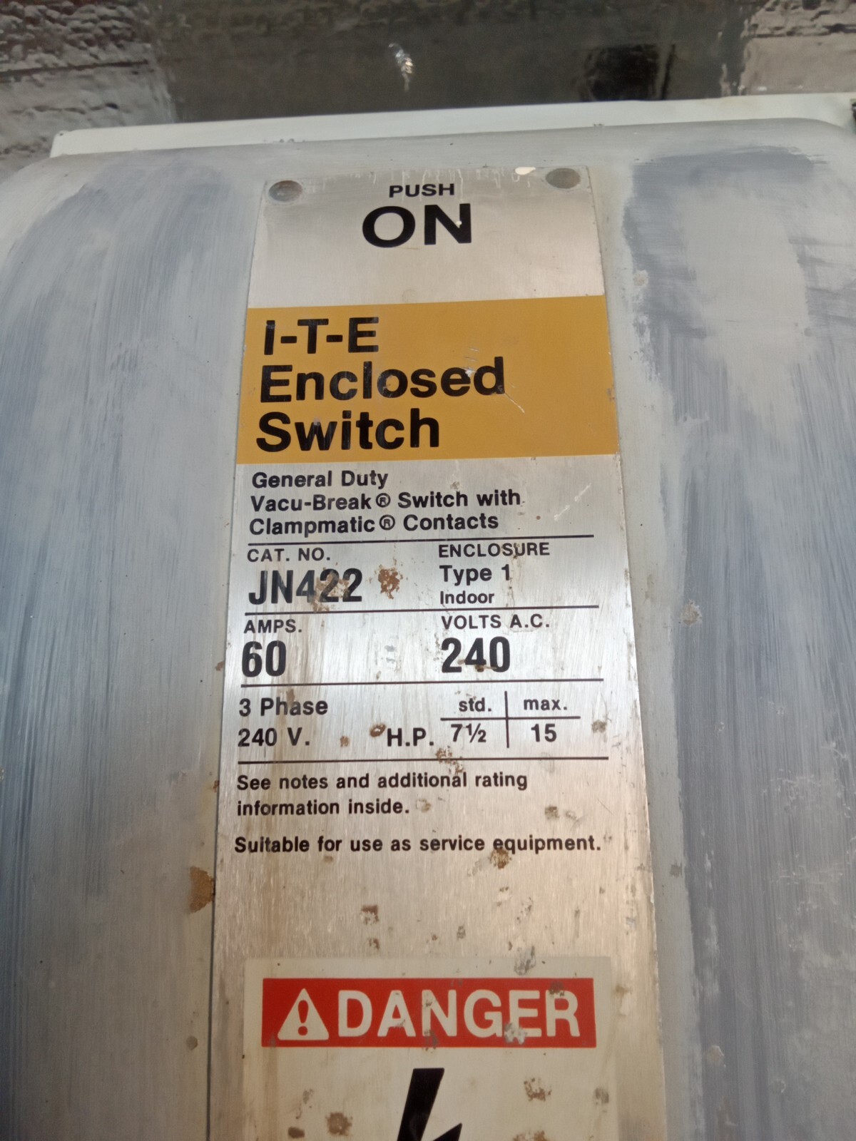 ITE JN422 DISCONNECT 60AMP , 240VA/250VD, 15HP , 3P ,3PH, 1R, FUSIBLE ...