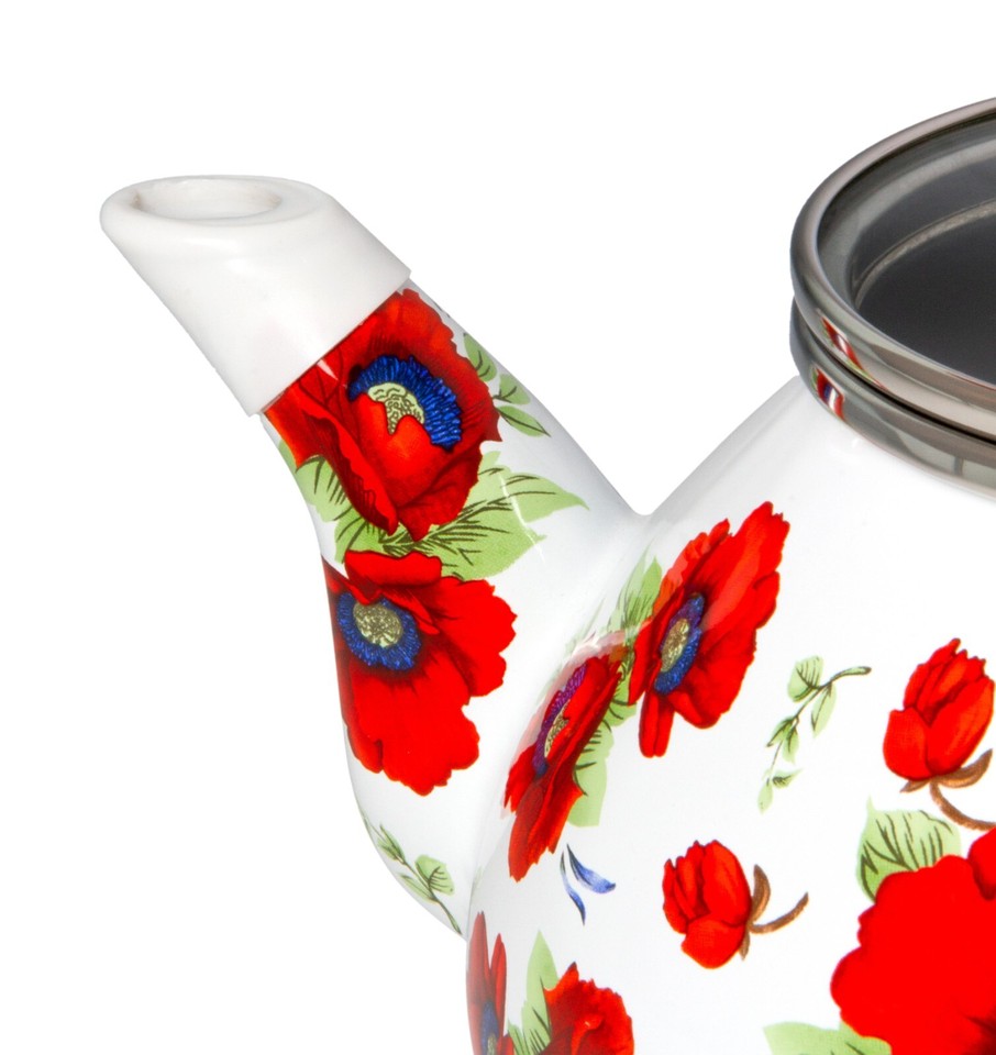 POPPY FLOWERS ENAMELED KETTLE - Red Enamel Tea Pot All Stove Enamelware ...