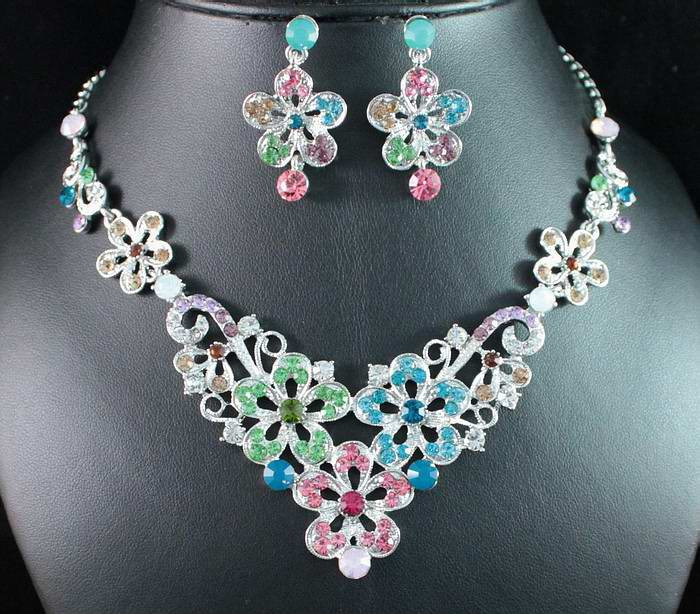 WATERCOLOR MULTI-COLOR AUSTRIAN RHINESTONE CRYSTAL NECKLACE EARRINGS ...