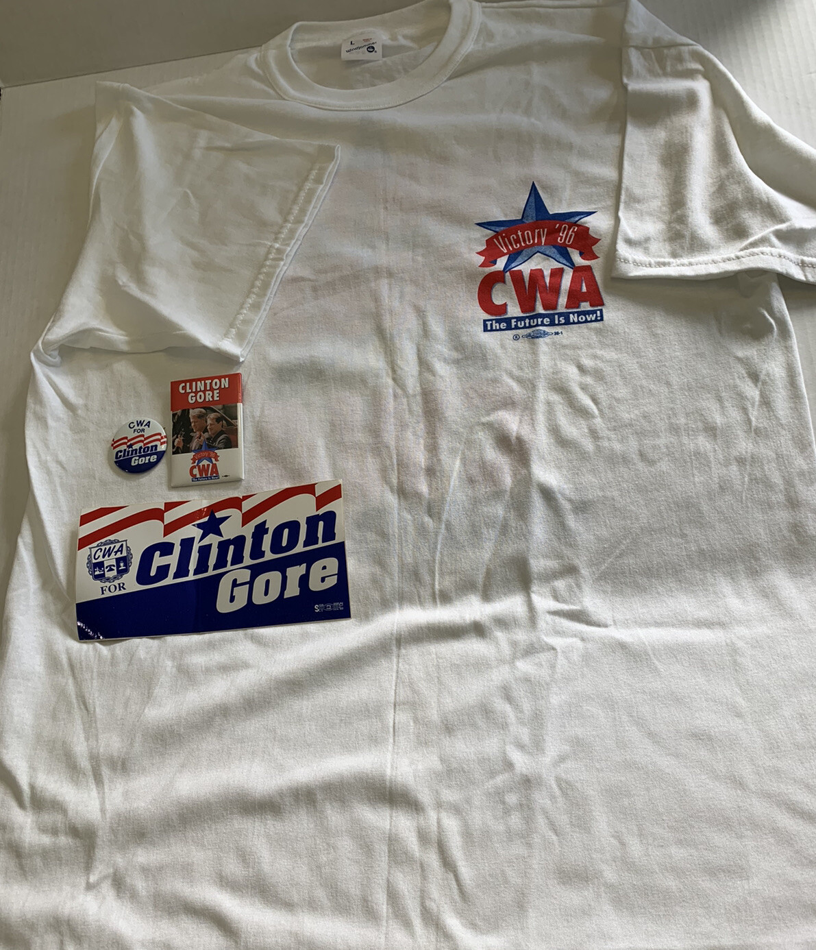 1996 Bill Clinton Al Gore Campaign T Shirt CWA 2 Pin… - Gem
