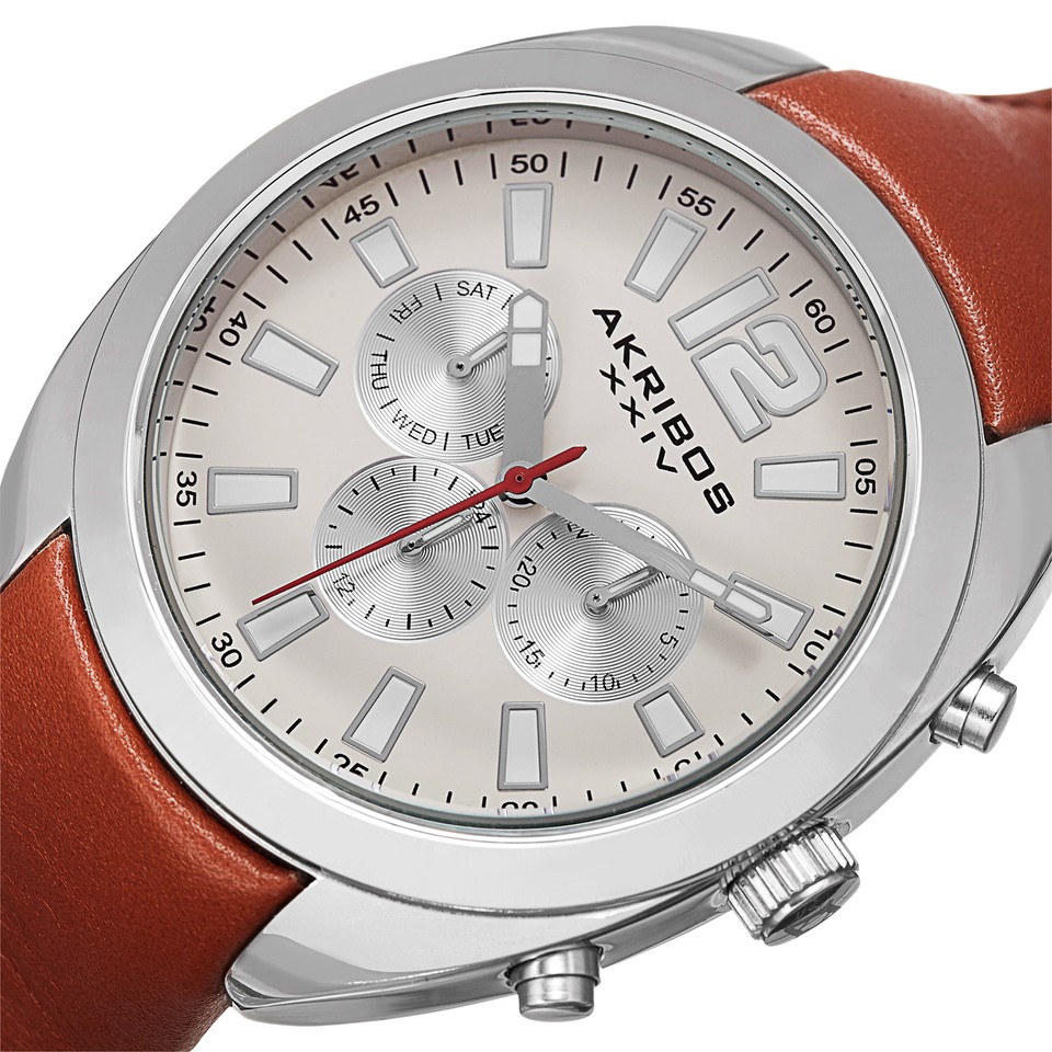 Men's Akribos XXIV AK777 Multifunction Day Date Subdial Leather Strap ...