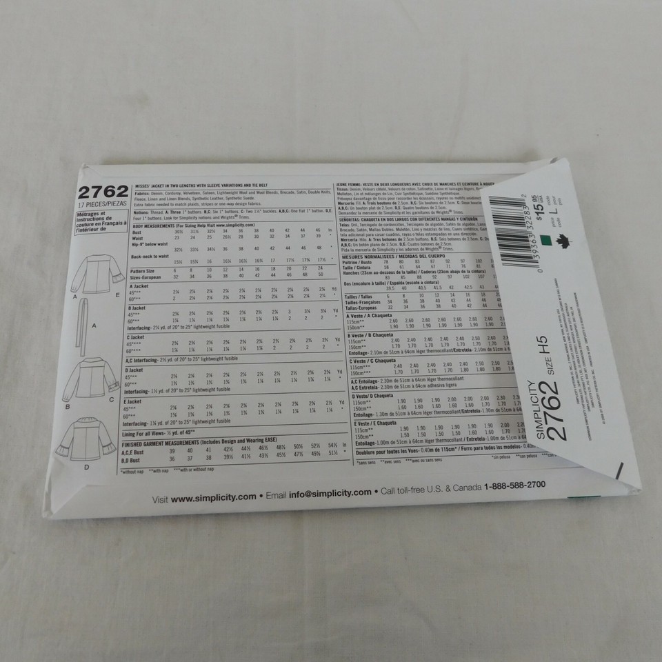 Simplicity Sewing Pattern 2762 Misses Women Jackets Belt Sizes 6-14 Two ...