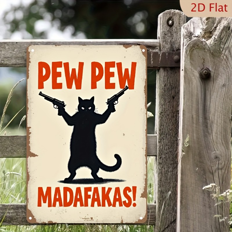 2D Flat, YNLLOOFA Retro Humorous Cat with Guns Tin Metal Signs Home ...