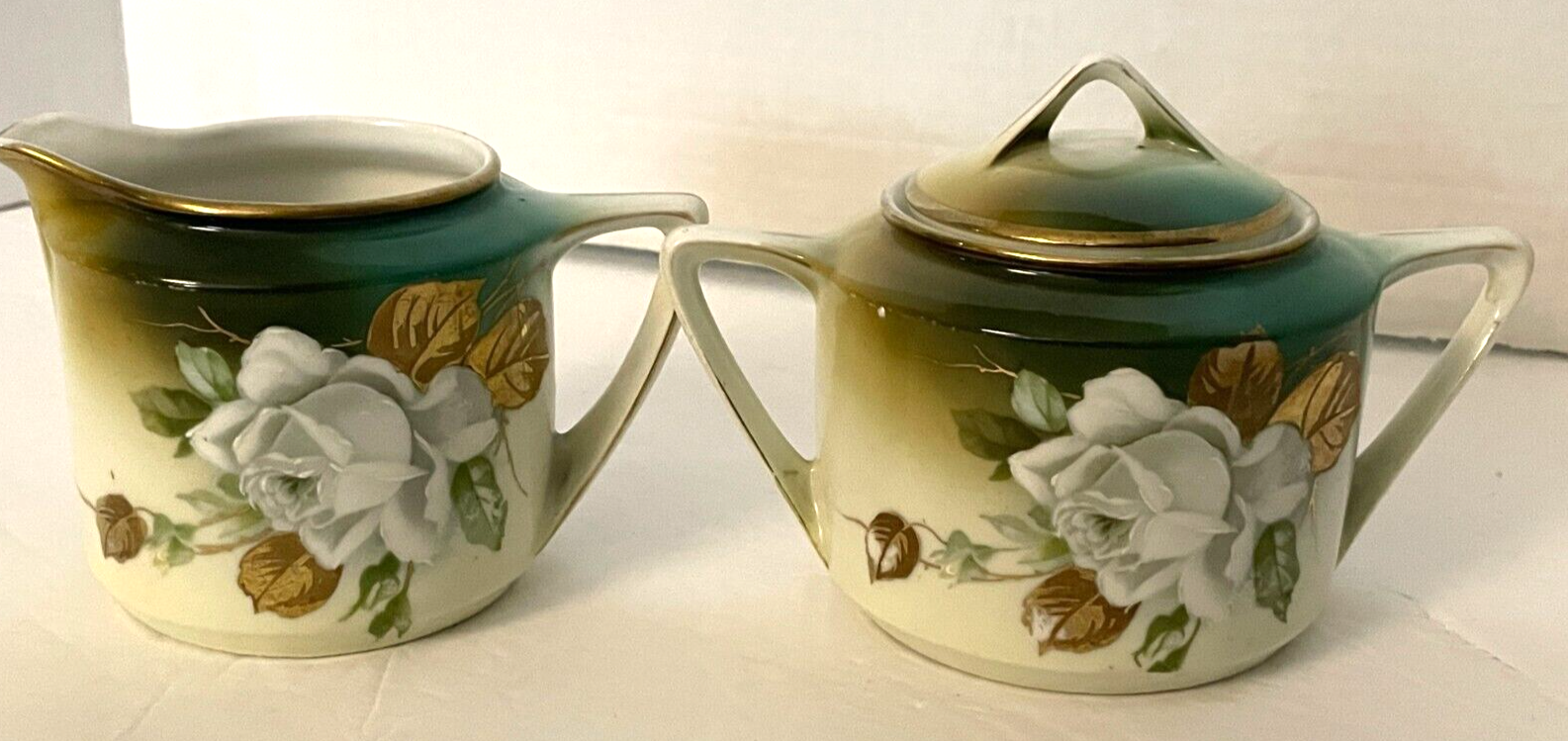 Three Crowns White Roses w/Green Creamer & Sugar Bowl w/Lid & Gold Trim ...