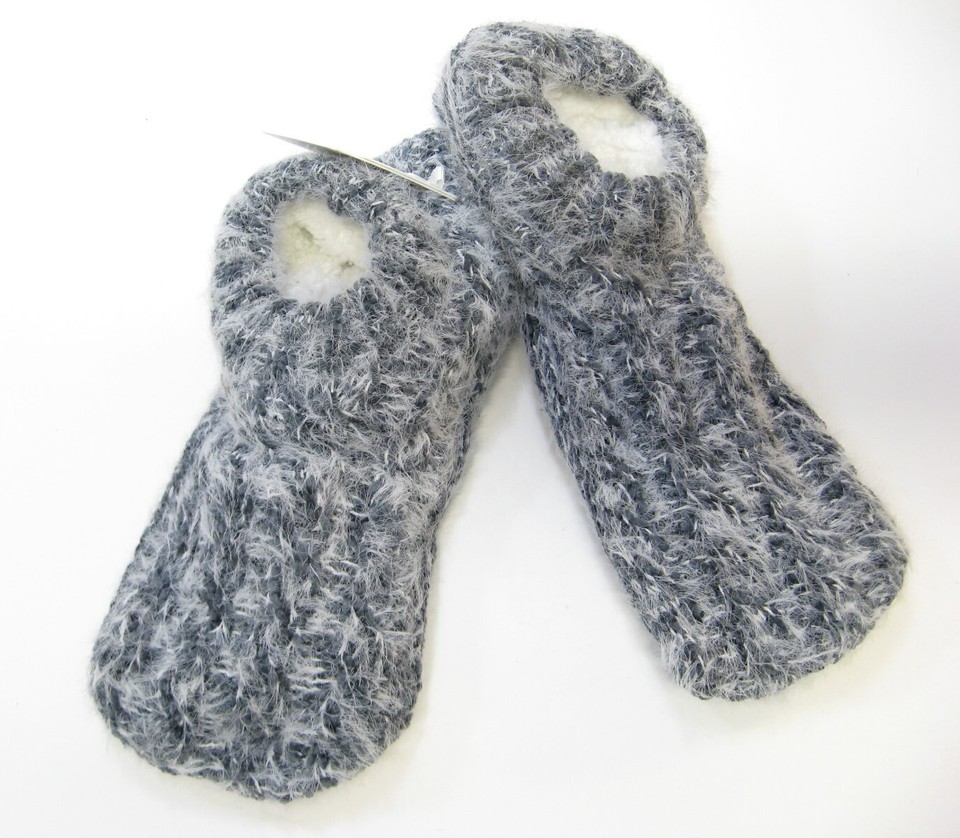 Lemon Ladies Knit Sherpa Lined Gripper Slipper Socks Cable Storm Blue M ...