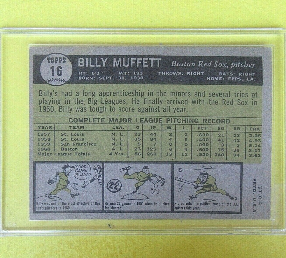 BILLY MUFFETT 1961 VINTAGE Topps #16 Pitcher Boston Red Sox | eBay