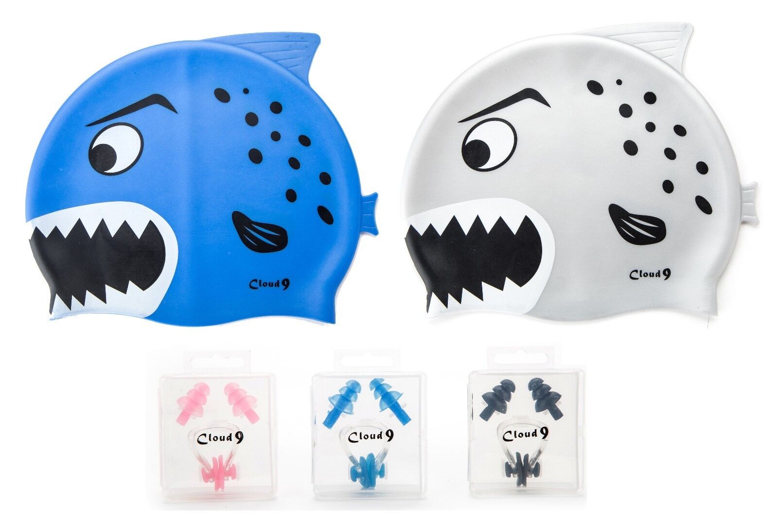Shark Swim Cap Combo Pack with Nose and Ear Plugs Comfortable Materials ...