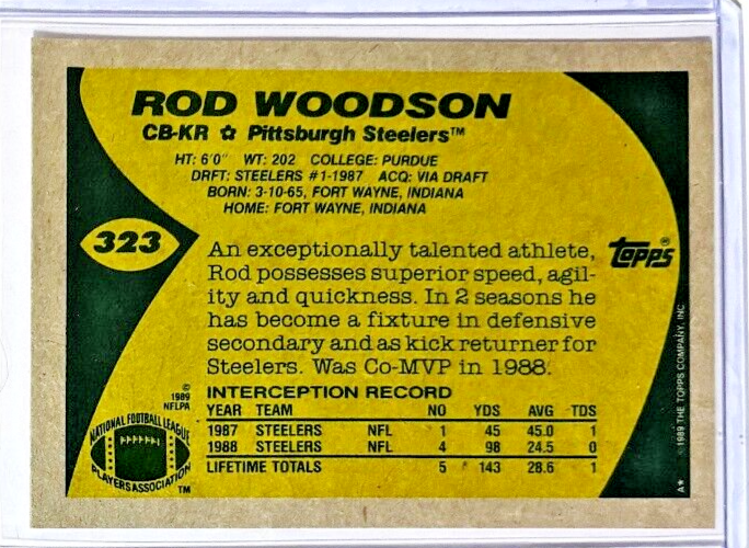 1989 Topps Football HOF CB-KR Rod Woodson Rookie Card #323 Steelers | eBay