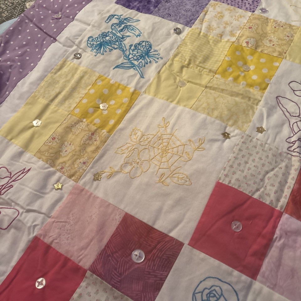 Vintage 90s Handmade Quilt With Buttons And Embroidery Size 64x64 | eBay