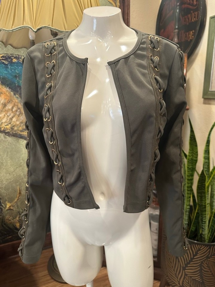Star Style Olive Green Lace Up Grommet Crop Jacket Top Size Small ...