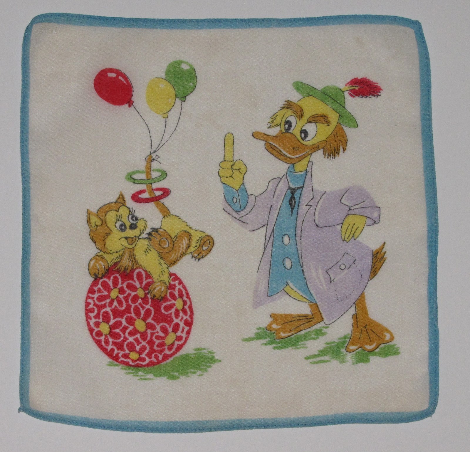 VINTAGE CHILD'S HANKY CARTOON DUCK & CAT CIRCUS ACT C… - Gem