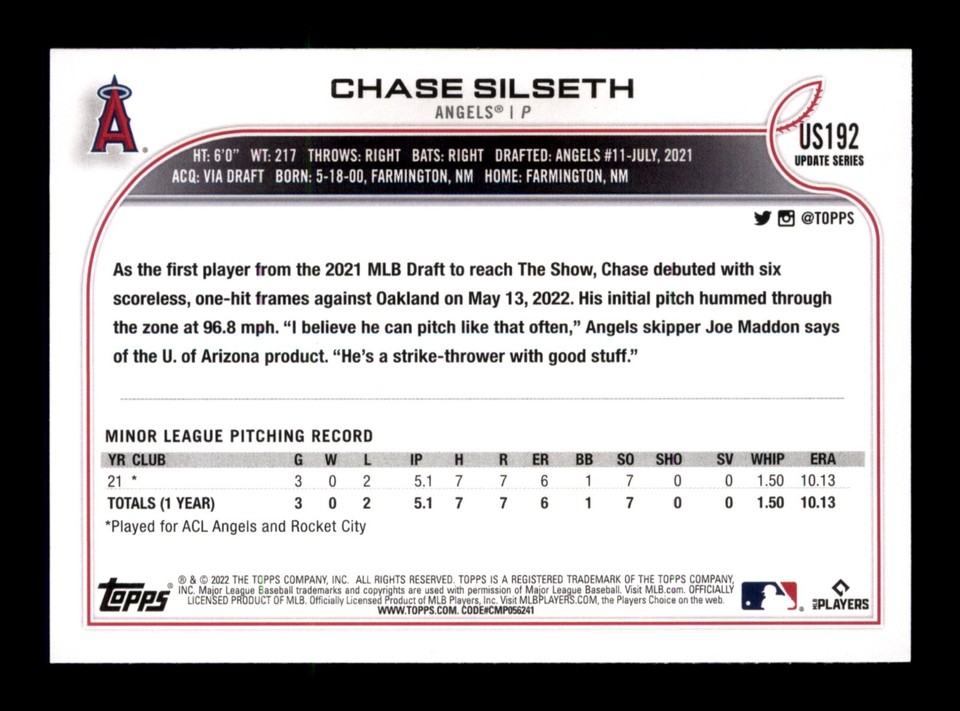 2022 Topps Update US192 Chase Silseth RC Los Angeles Angels Rookie Card ...