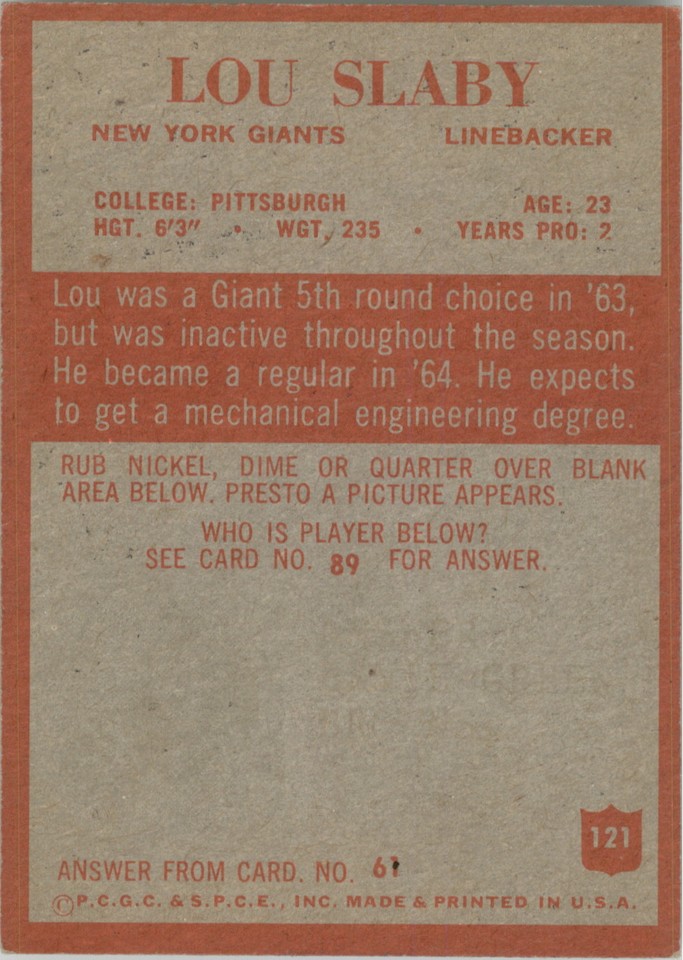 1965 Philadelphia 121 Lou Slaby RC EX #D314565 | eBay