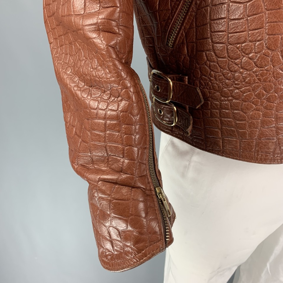 JAKE WOOD Size XL Brown Embossed Leather Biker Jacket | eBay