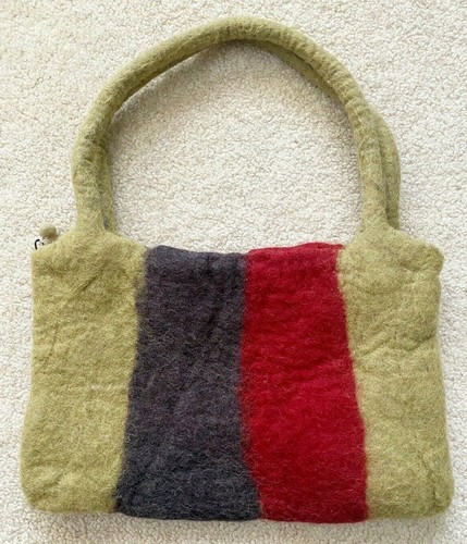 Boiled Wool Felt Tote Handbag Green Grey Burgundy Striped Lined Fall ...