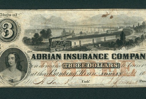 $3 1855 Adrian Insurance Company - Michigan Obsolete Banknote DAILY ...