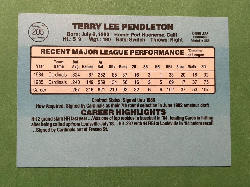 SIGNED TERRY PENDLETON 1986 AUTOGRAPHED DONRUSS BASEBALL CARD ...