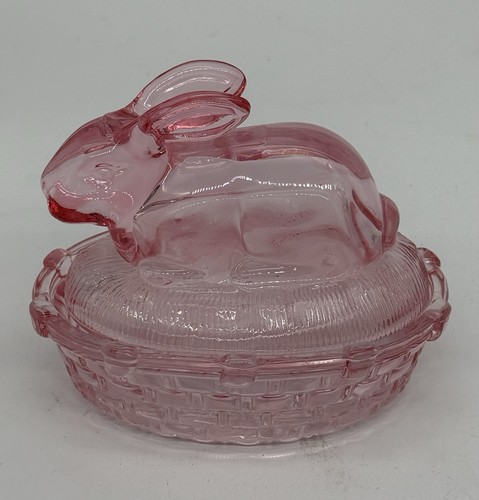 Vtg LE Smith Pink Glass Bunny Rabbit on Nest Covered Candy Dish Trinket ...