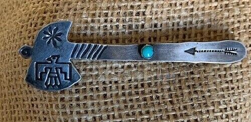 VINTAGE 1950S NATIVE AMERICAN STERLING SILVER & TURQUOISE TOMAHAWK PIN ...