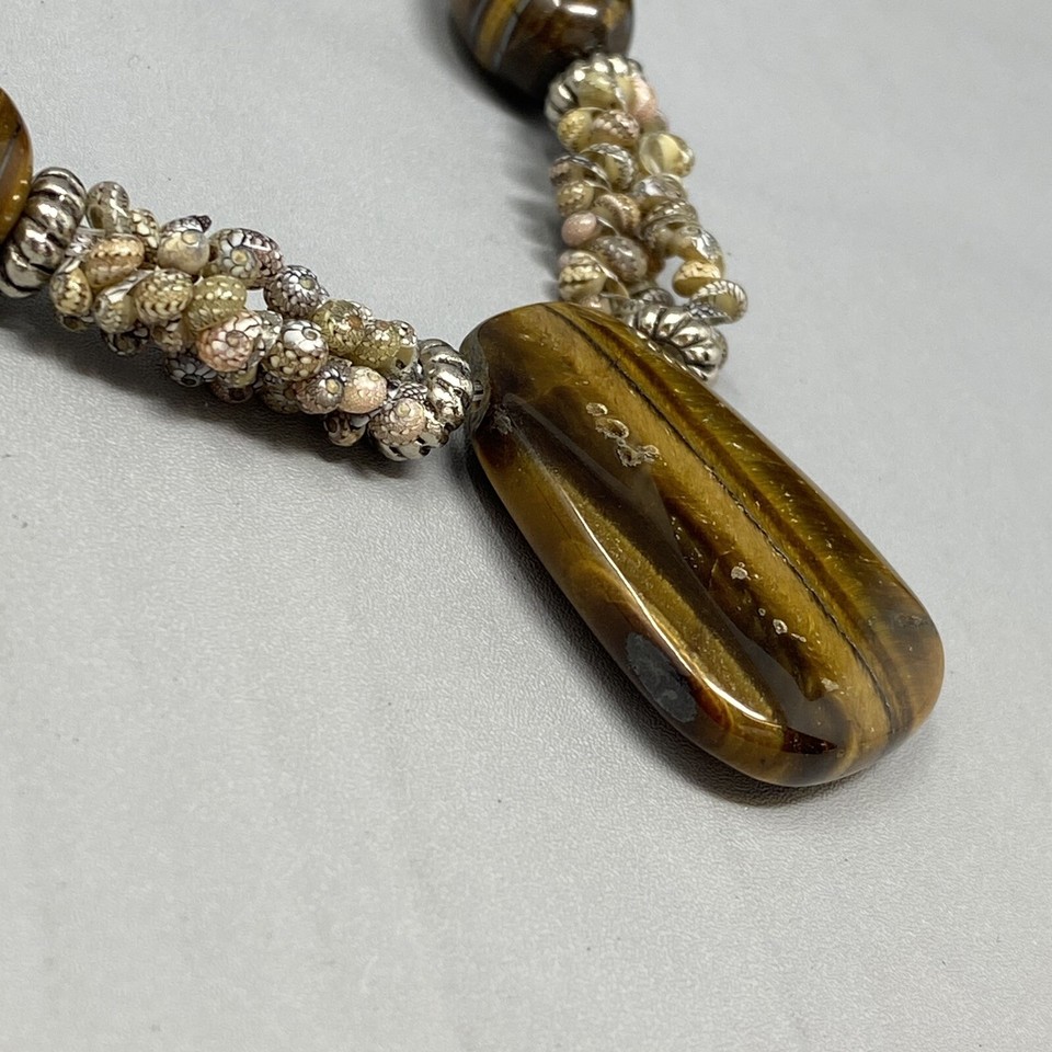 VTG Stone Shell Necklace Brown Tigers Eye Seashell Bead Station Layered ...