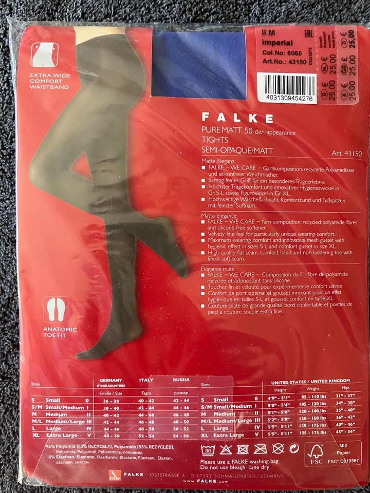 Fabulous Falke PURE MATT 50 Tights IMPERIAL BLUE 50 denier Medium | eBay
