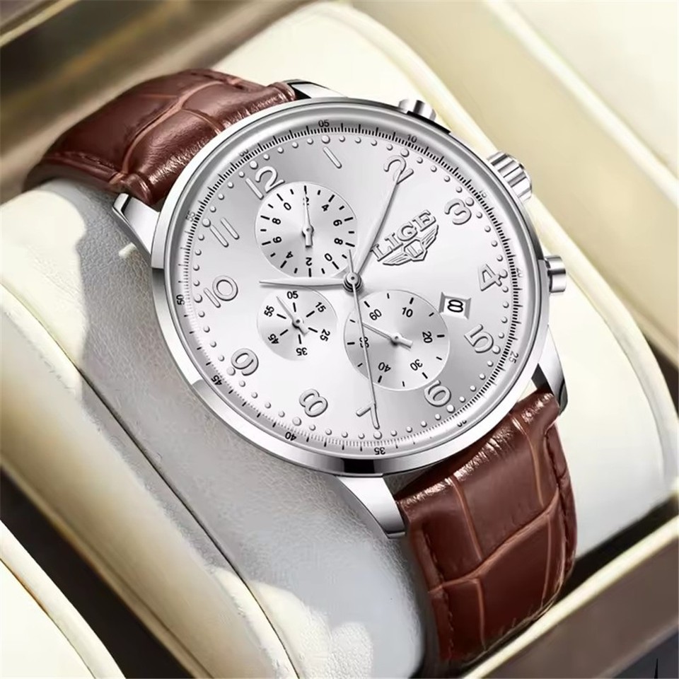 LIGE Men Watch Chronograph Leather Date Wristwatch Business Male Quartz ...