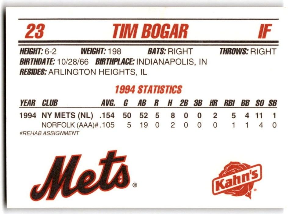1995 Kahn's New York Mets Tim Bogar #23 | eBay