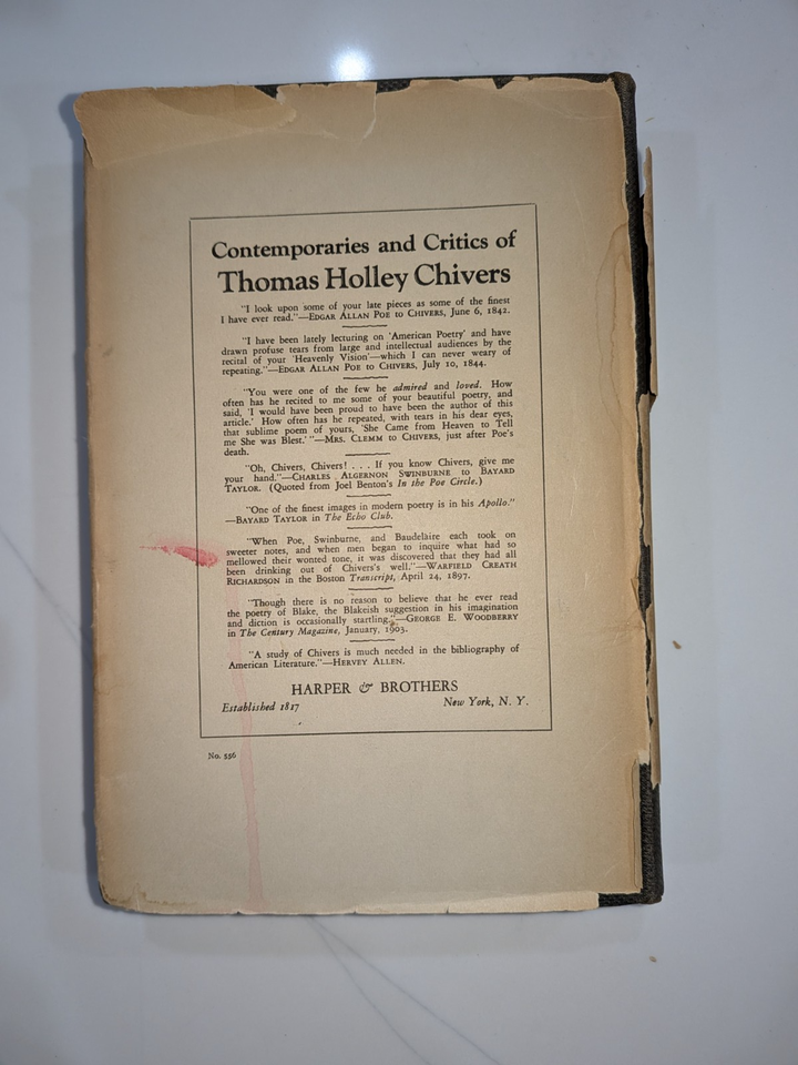 Thomas Holley Chivers Friend of Poe S Foster Damon 1930 1st Ed HC ...