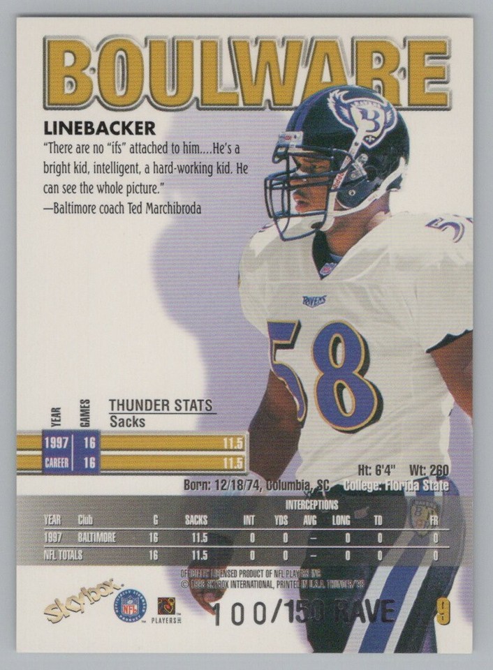 Peter Boulware 1998 Skybox Thunder Rave 100/150 Baltimore Ravens #9 | eBay