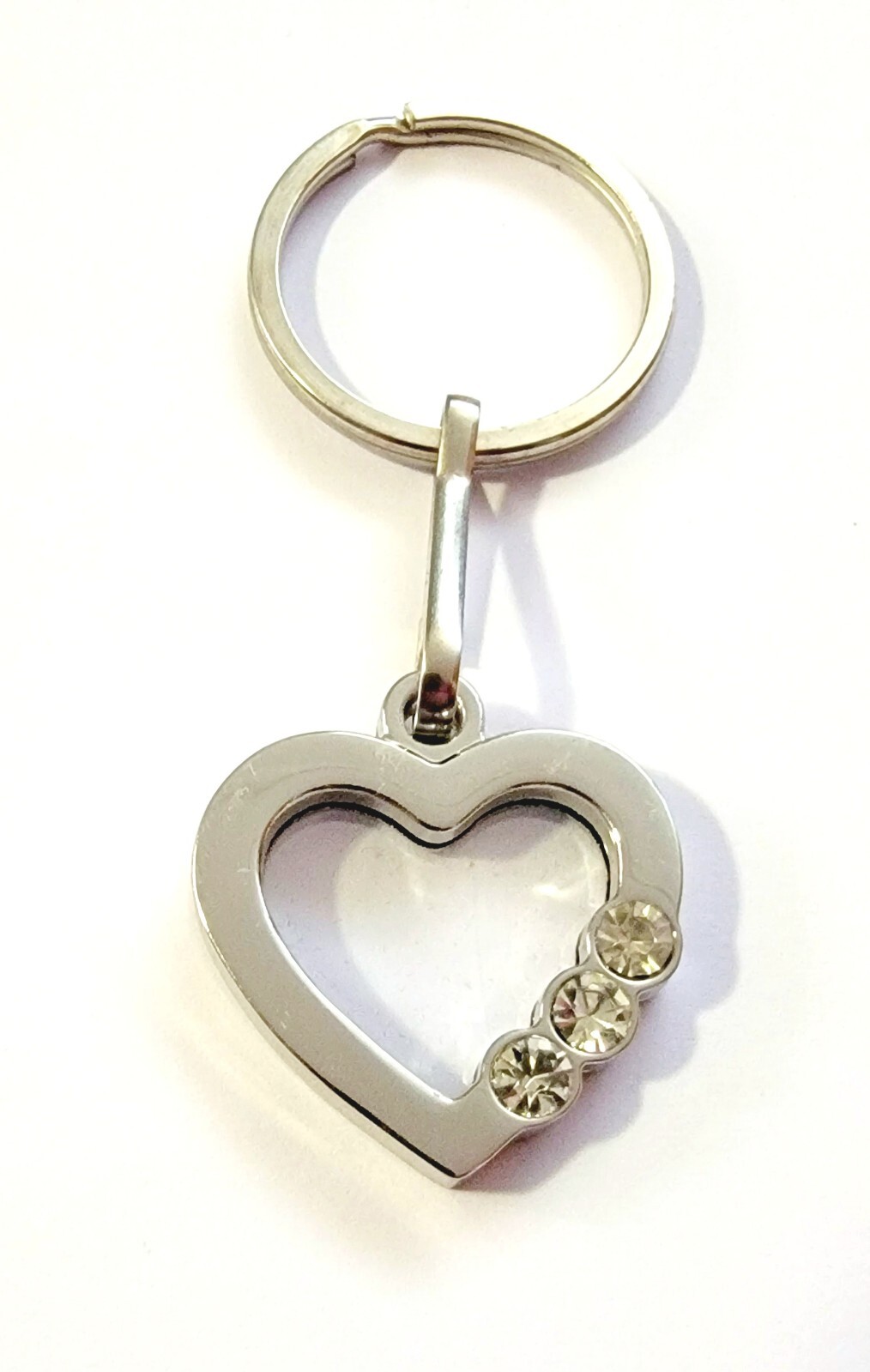 Floating Heart Rhinestone Keychain Silvertone Metal Keyring Open Center ...