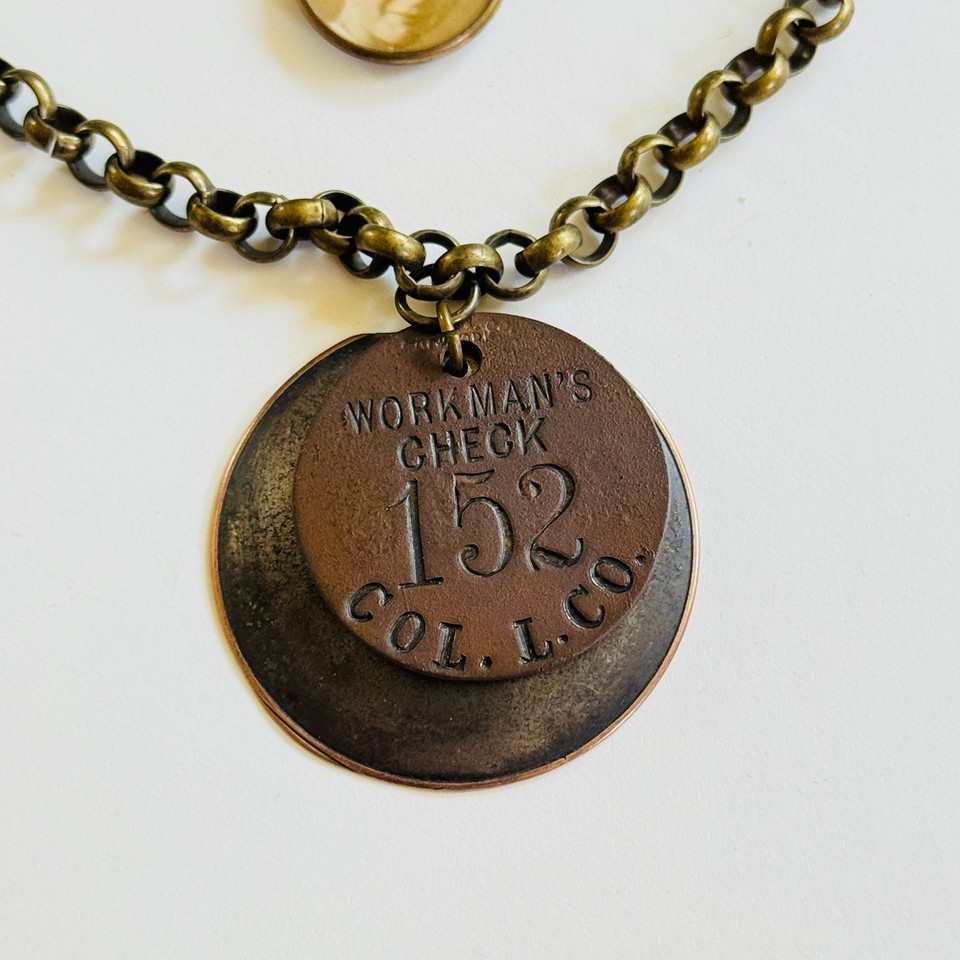 Workman's Check Col. L. Co. medal Pearl necklace upcycled Steampunk ...