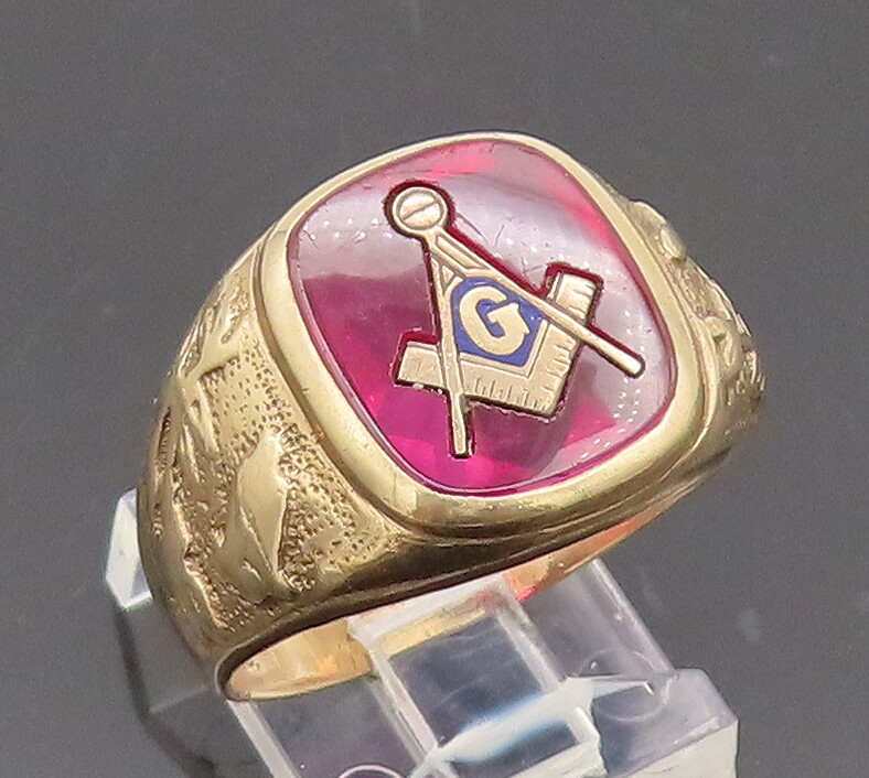 A & C 10K GOLD - Vintage Red Stone Freemason Symbols Antique Ring Sz 11 ...