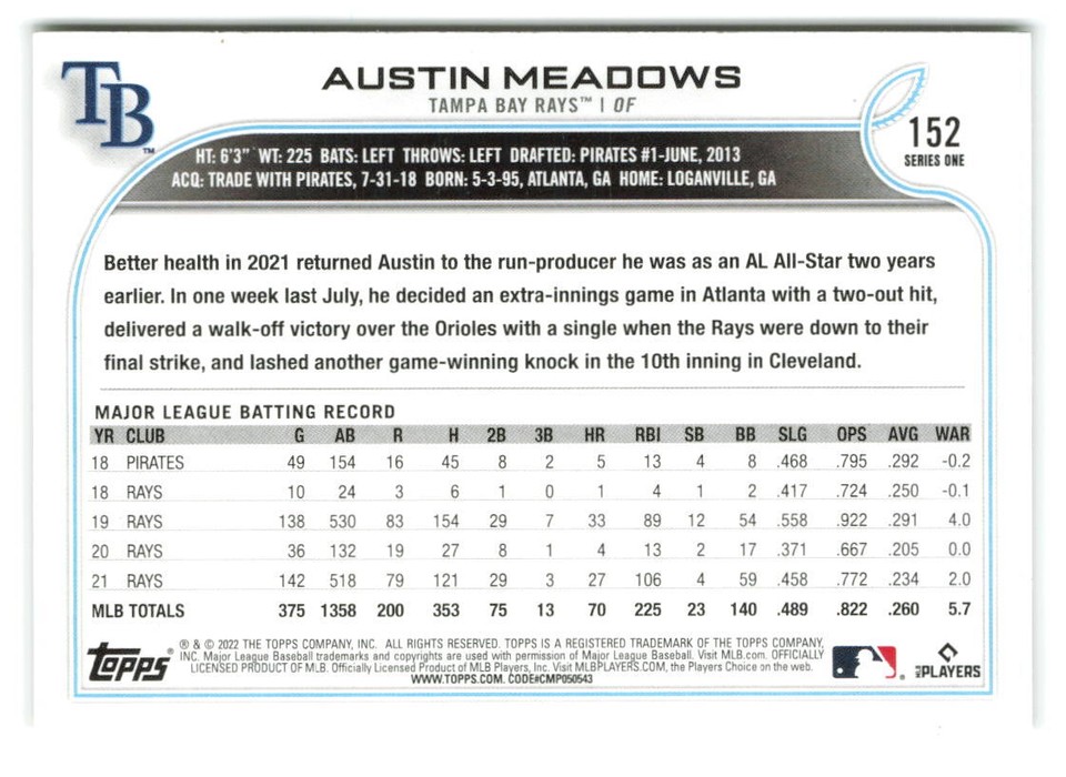 2022 Topps Austin Meadows #152 Tampa Bay Rays BASEBALL Card | eBay
