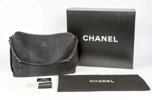 CHANEL EXOTIC LUXURY PYTHON Snake Skin Black Leather Large Jumbo Purse ...