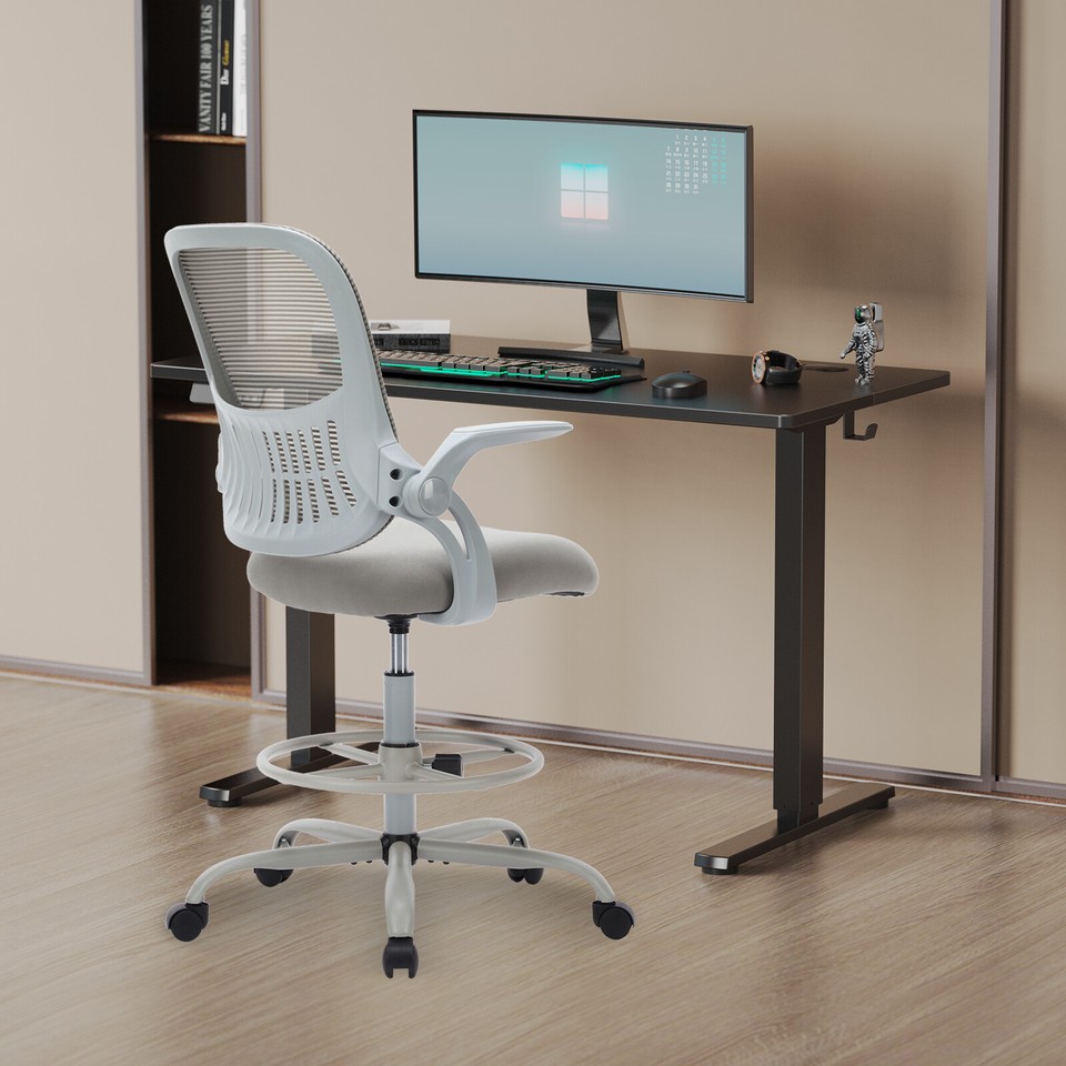 Tall Drafting Office Chair Footrest Ring Flip-up Arm Swivel Adjustable ...
