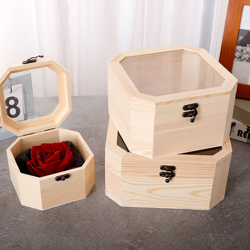 NEW Natural Finish Wooden Storage Box DIY Crate With Hinged Lid ...