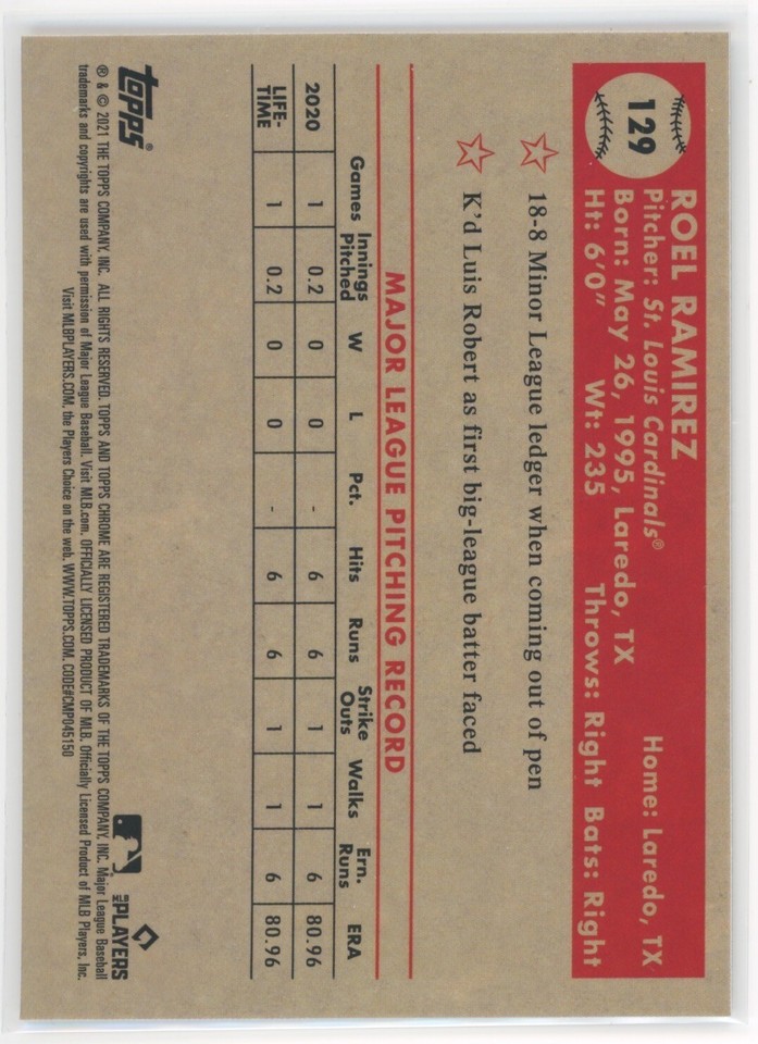 ROEL RAMIREZ 2021 TOPPS CHROME PLATINUM ANNIVERSARY ROOKIE #129 RC QTY ...