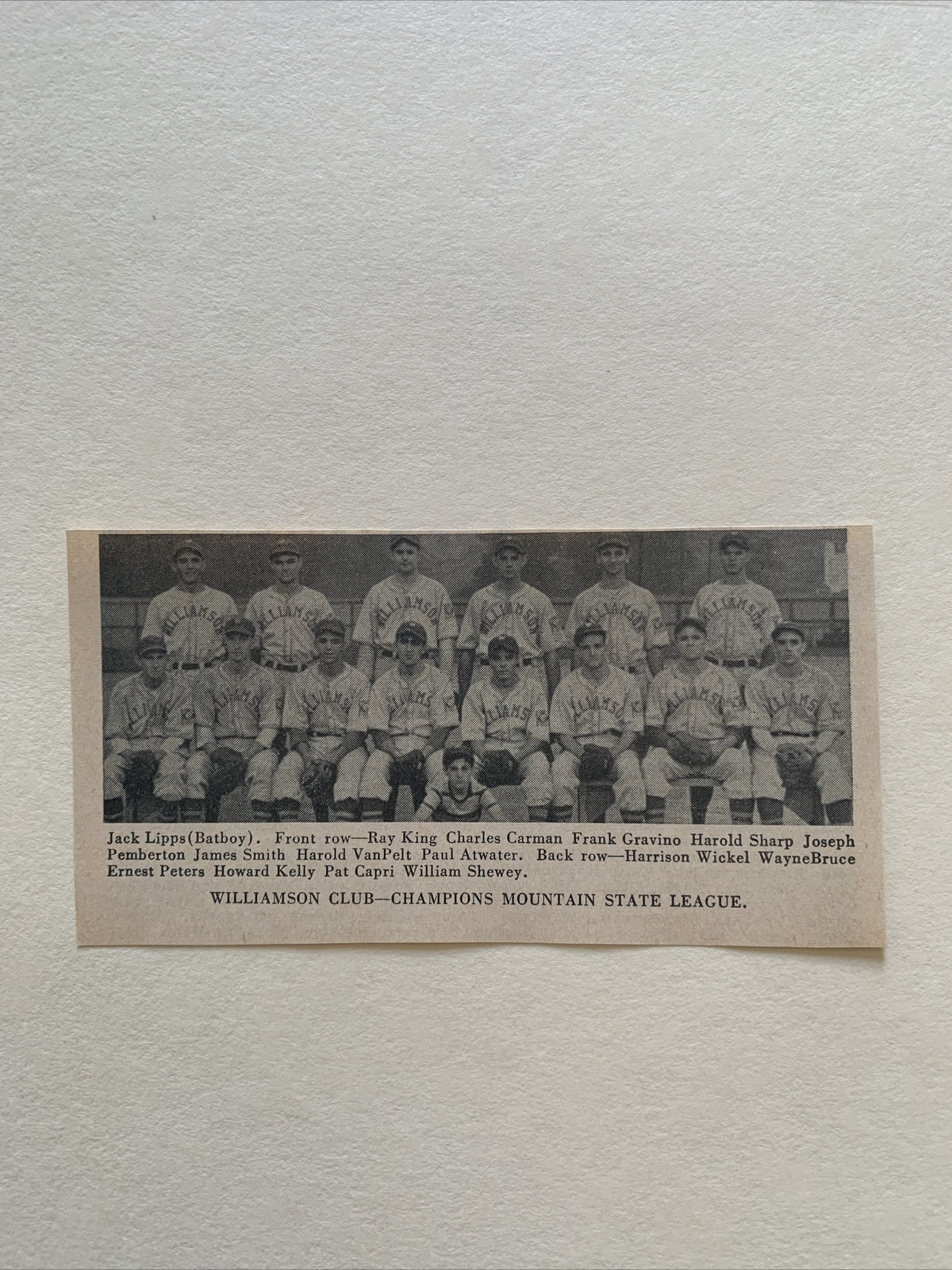 Williamson Red Birds Mountain States League Pat Capri 1940 Baseball ...
