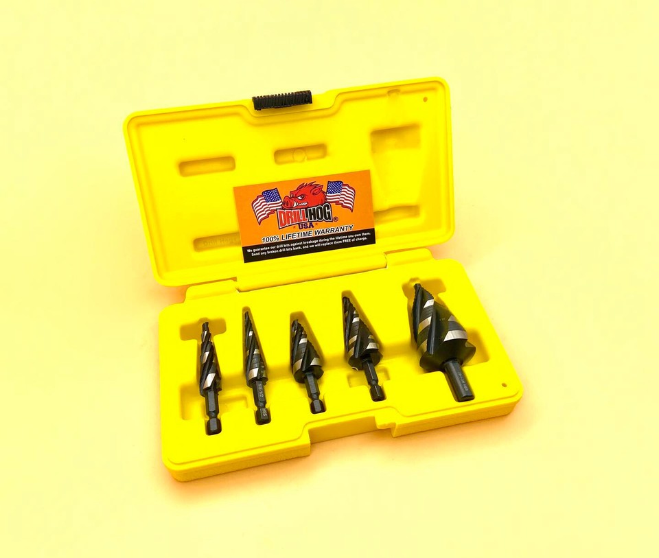Step Drill Bit Set Step Bits Spiral Quad Flute 5 Pc Drill Hog® Lifetime ...