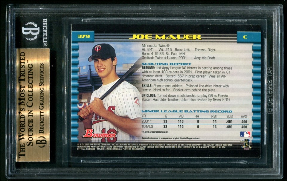 Joe Mauer 2002 Bowman #379 RC Rookie BGS 9.5! Low Pop! Twins HoF! MVP ...