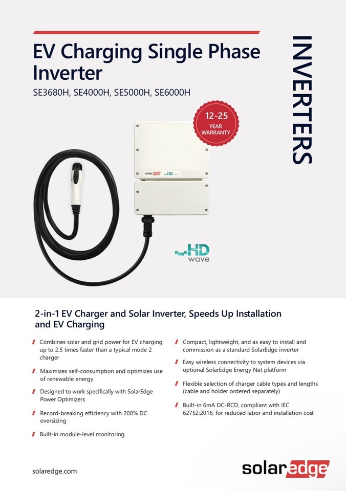 SOLAREDGE 3.8KW EV CHARGING SINGLE PHASE INVERTER - SE3800H-US000BNW4 ...