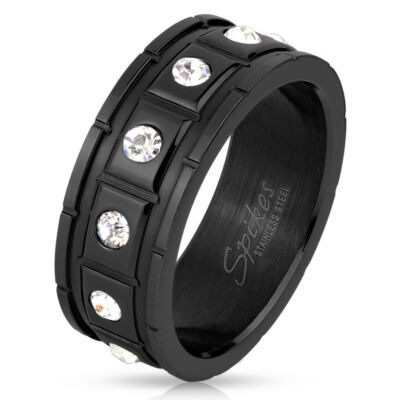 Herren Damen Ring Schwarz IP Edelstahl mit Rillen und 12 CZ Kristallen ...
