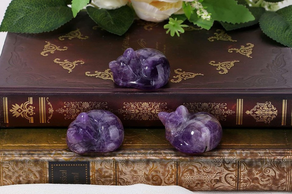 1.6" Amethyst Sleeping Cat Healing Crystal Figurine Hand Carved Cute ...